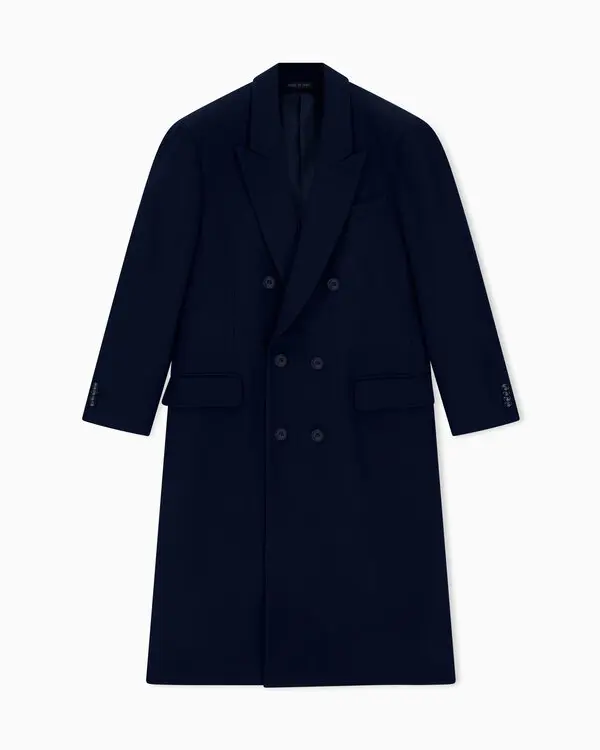 Giorgio Armani Coat Regular Fit In Chevron Virgin Wool And Cashmere - Navy Blue