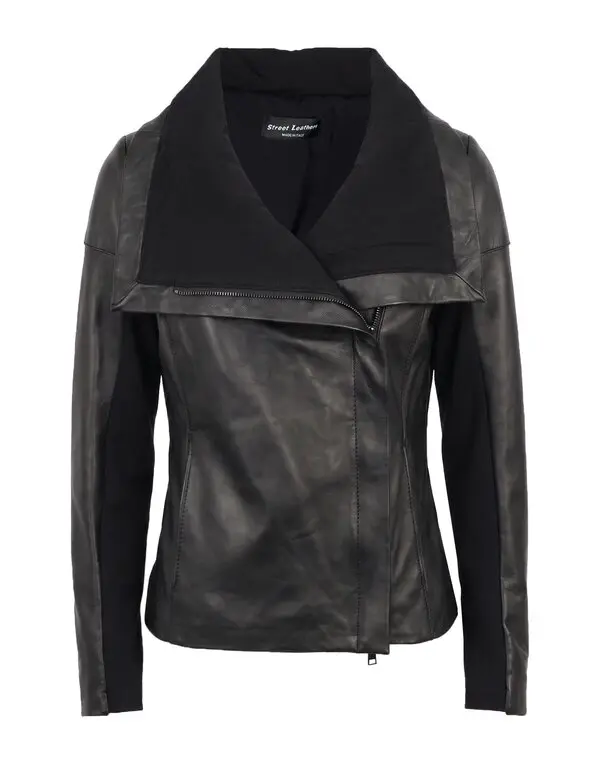 STREET LEATHERS Leather And Jersey Biker Jacket - Black