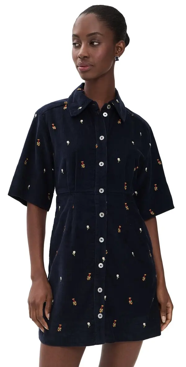 Sea Tilly Embroidered Cord Button Down Dress - Navy