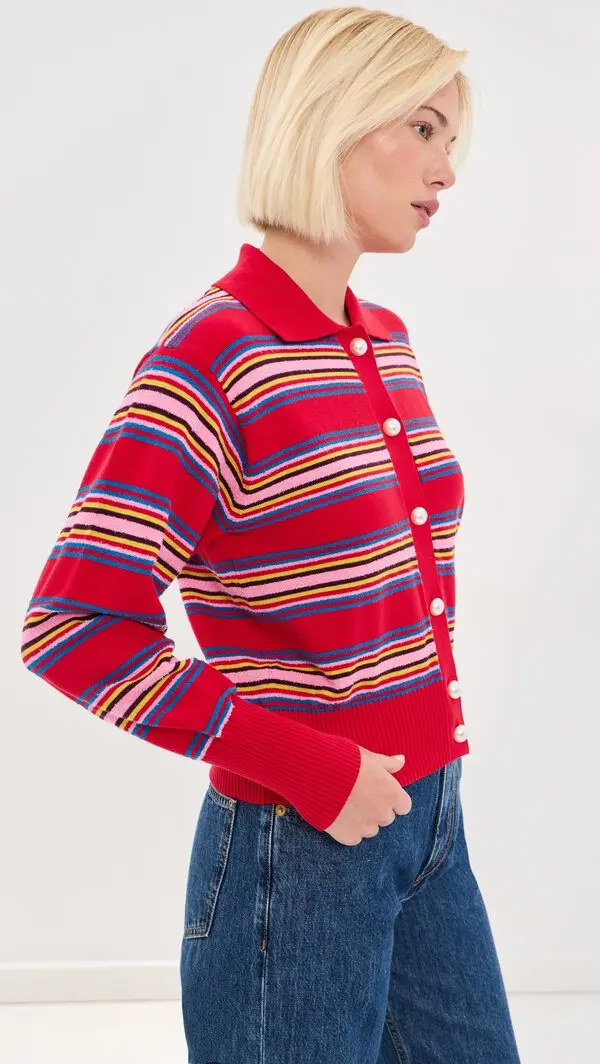 LE BOP Beck Long Sleeve Cardigan - Red Stripe Multi