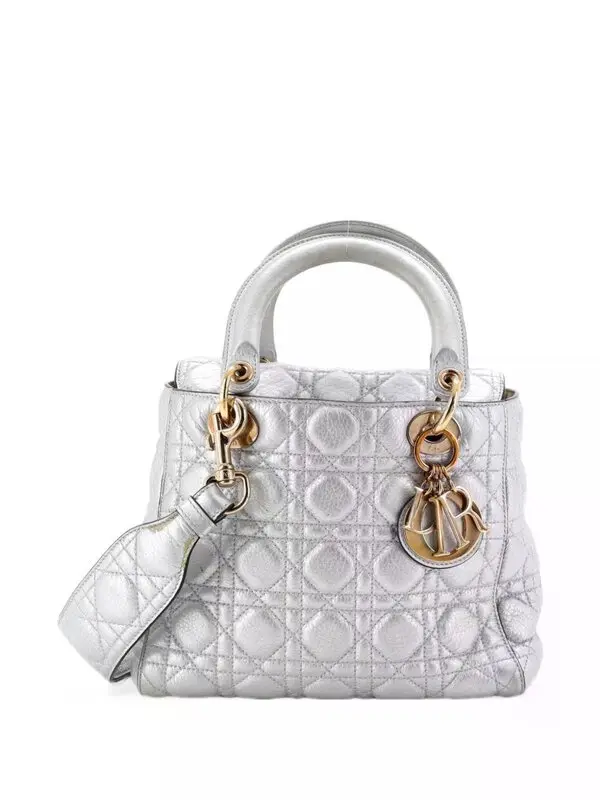 Dior Lady Cannage Quilt Grained Calfskin Medium Satchel - Silver