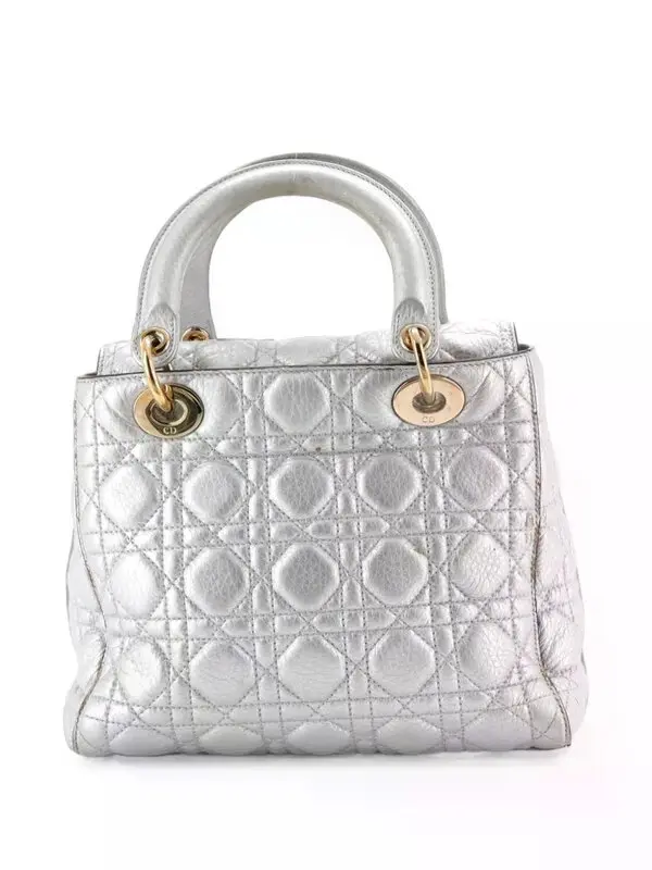 Dior Lady Cannage Quilt Grained Calfskin Medium Satchel - Silver