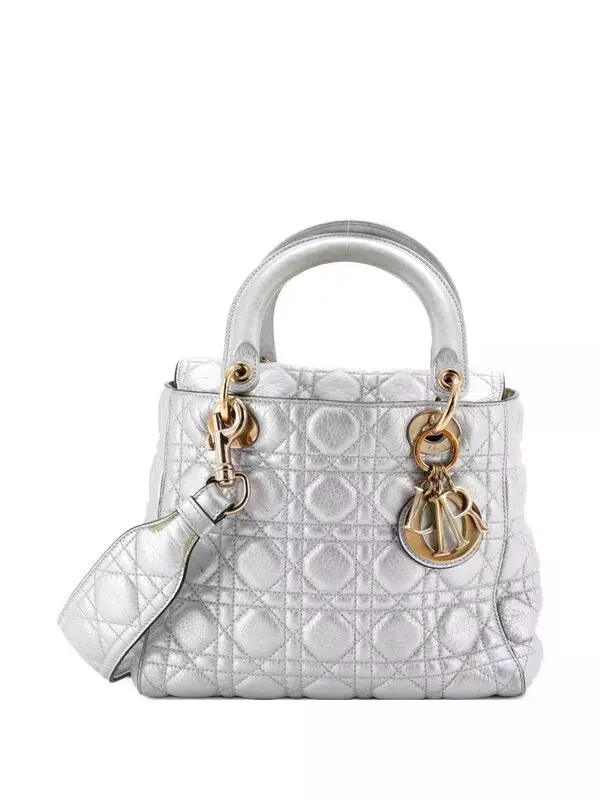 Dior Lady Cannage Quilt Grained Calfskin Medium Satchel - Silver