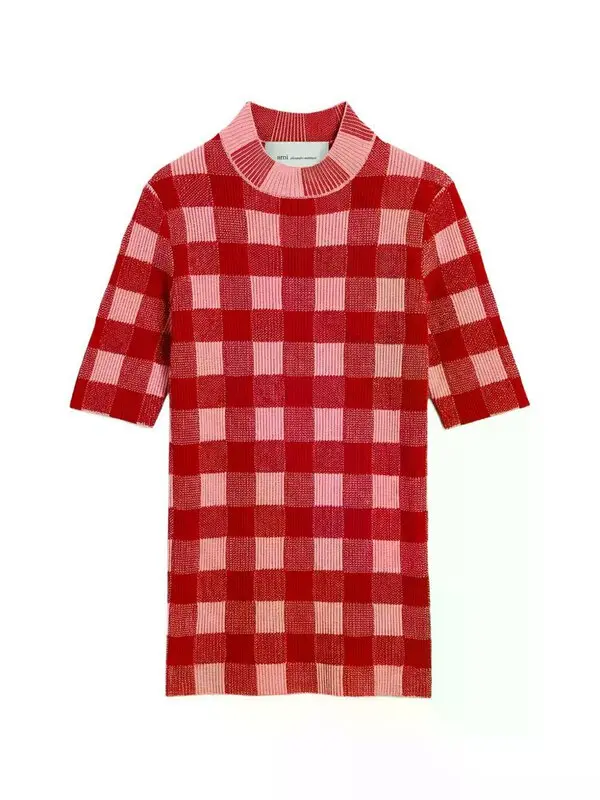 AMI Paris Pink Checkered Wool And Cotton Short-sleeve Sweater - Red
