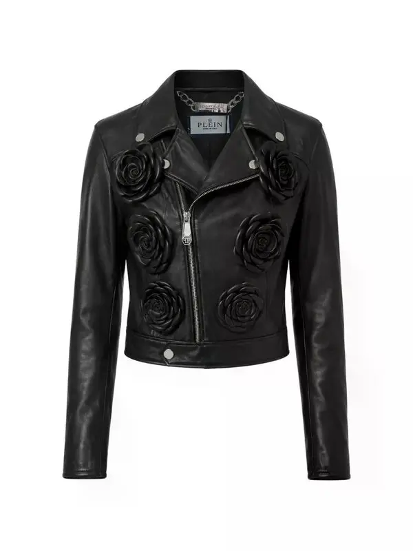 Philipp Plein Cropped Biker Jacket Flower - Black