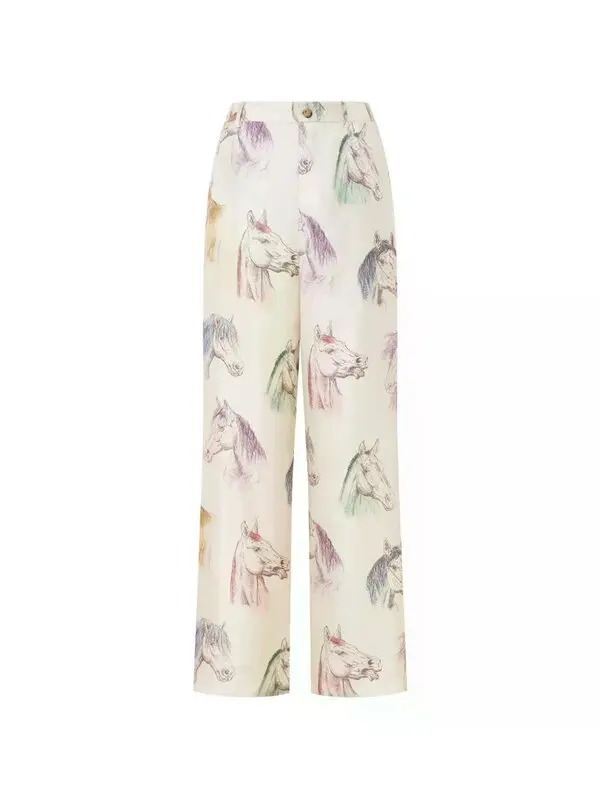 Moschino Horse-print Silk Trousers - Neutrals