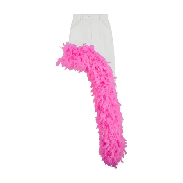 ÚCHÈ Denim Asymmetrical Pink Feather Trim Skirt