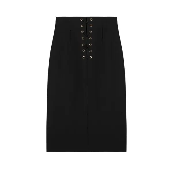NOCTURNE Eyelet Detail High Waist Midi Skirt - Black