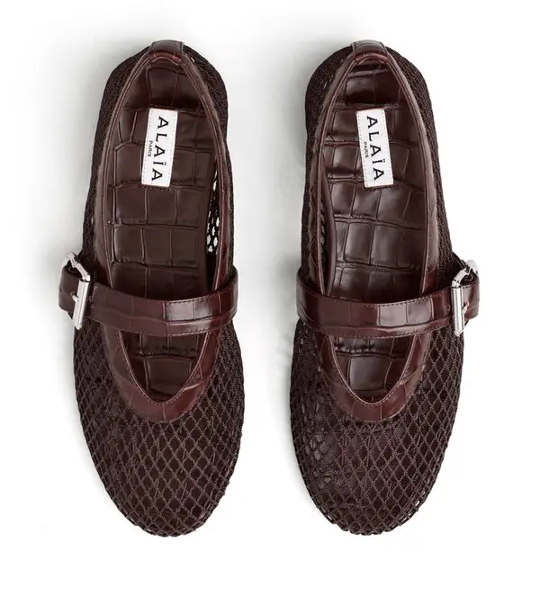 Alaïa Croc-embossed Leather Mesh Ballet Flats