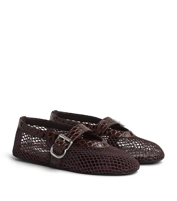 Alaïa Croc-embossed Leather Mesh Ballet Flats