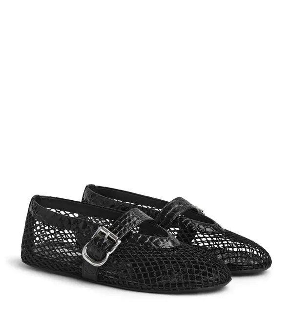 Alaïa Croc-embossed Leather Mesh Ballet Flats