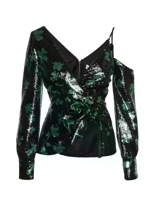 SELF-PORTRAIT V-neck Sequined Asymmetrical Top - Black