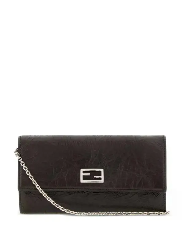 Fendi Tube Continental With Chain Cracked Leather Wallet - Black