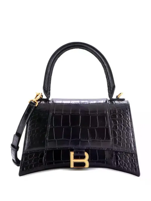 Balenciaga Hourglass Top Handle Bag Crocodile Embossed Leather Small Crossbody Bag - Black