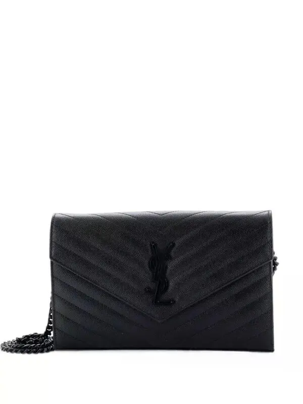 Saint Laurent Classic Monogram Wallet On Chain Matelasse Chevron Leather Medium Crossbody Bag - Black