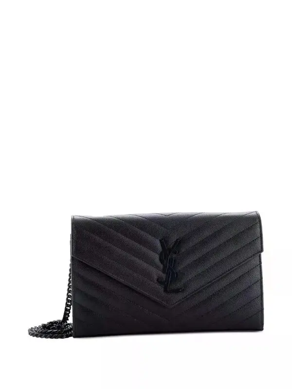 Saint Laurent Classic Monogram Wallet On Chain Matelasse Chevron Leather Medium Crossbody Bag - Black