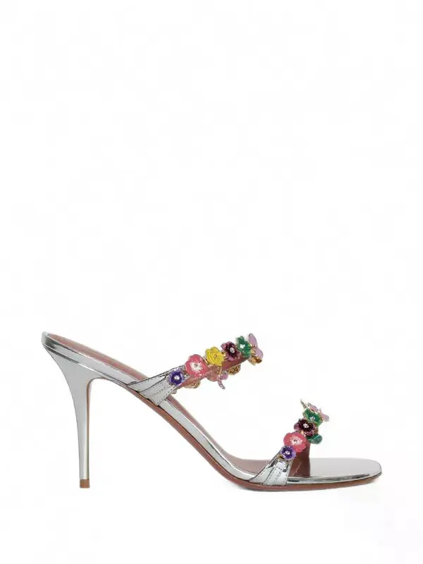 Amina Muaddi Vittoria Slipper Sandals Mirror + Flowers - Silver