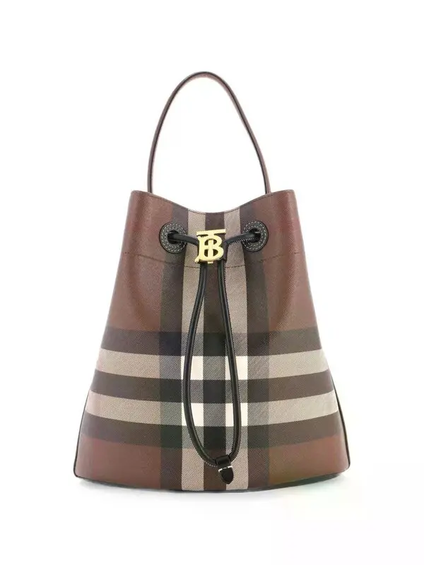 Burberry Tb Drawstring Check E-canvas Small Bucket Bag - Brown