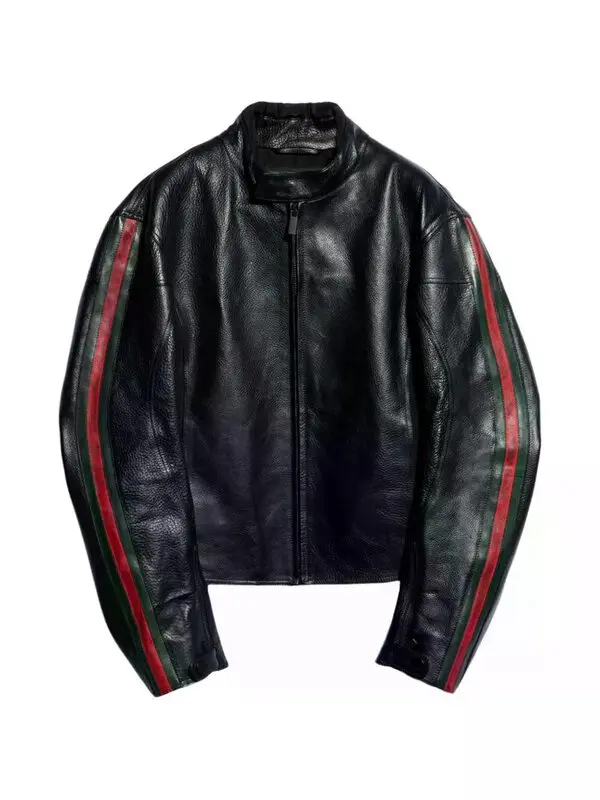 Gucci Leather Biker Jacket With Web - Black