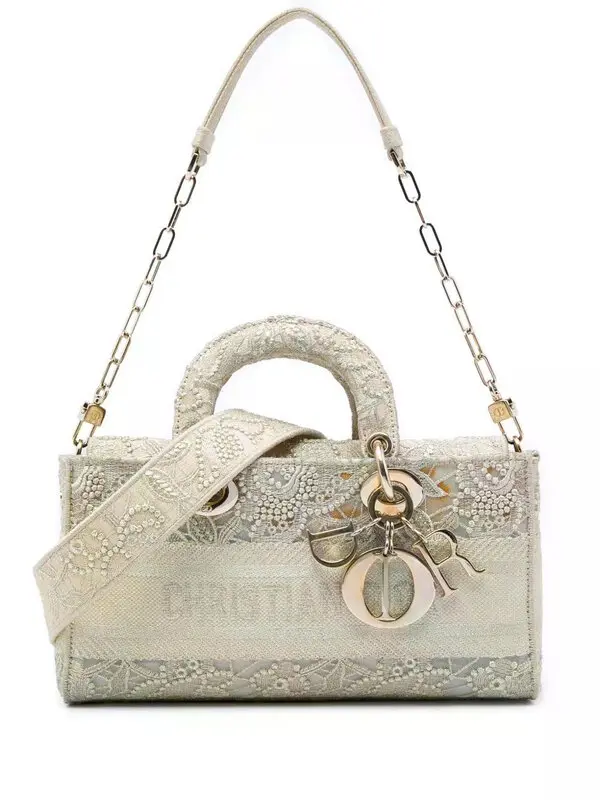 Dior 2023 Medium Embroidered Lace 3d Macrame Lady D Joy Satchel - Neutrals