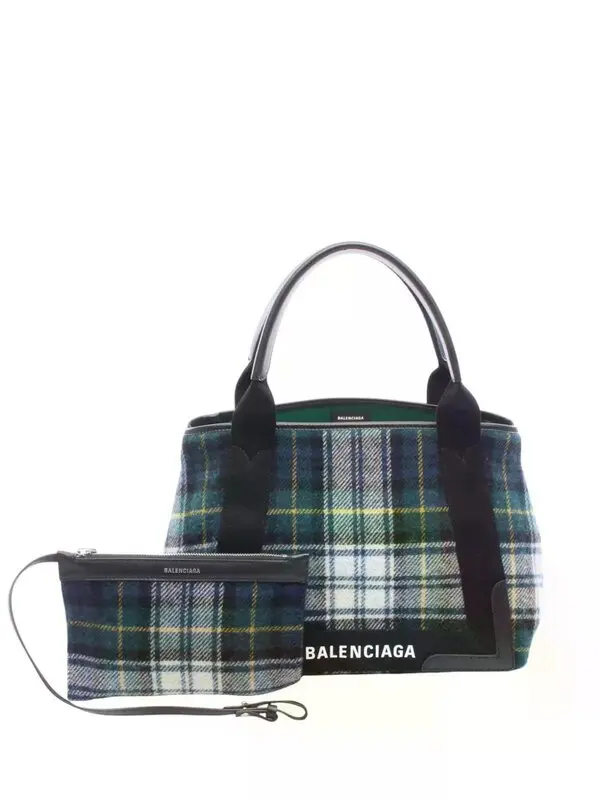 Balenciaga 2018-2026 Plaid Wool Navy Cabas S Tote Bag