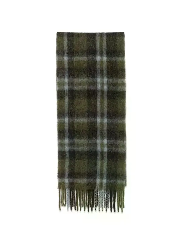 Closed Check-pattern Fringed Scarf - Green