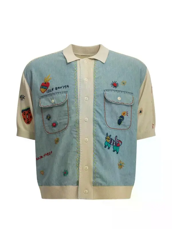 Kapital Embroidered Denim-panel Polo Shirt