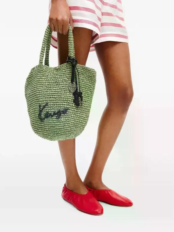 Kenzo Small Basket Embroidered Raffia Tote Bag