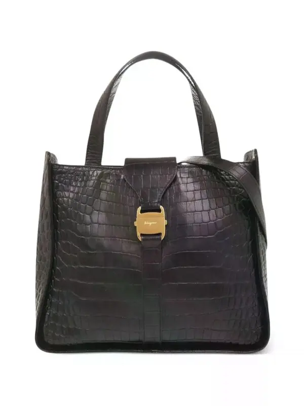 FERRAGAMO Croc Embossed Leather Satchel - Black