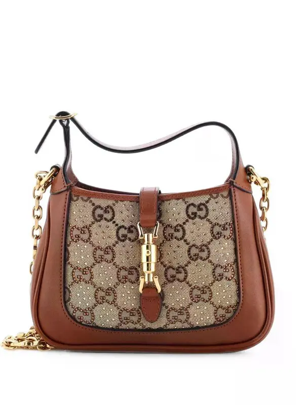 Gucci Jackie 1961 Chain Crystal Embellished Gg Canvas Mini Hobo Bag - Brown