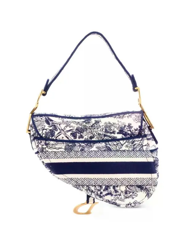 Dior Logo Embroidered Canvas Saddle Shoulder Bag - Blue