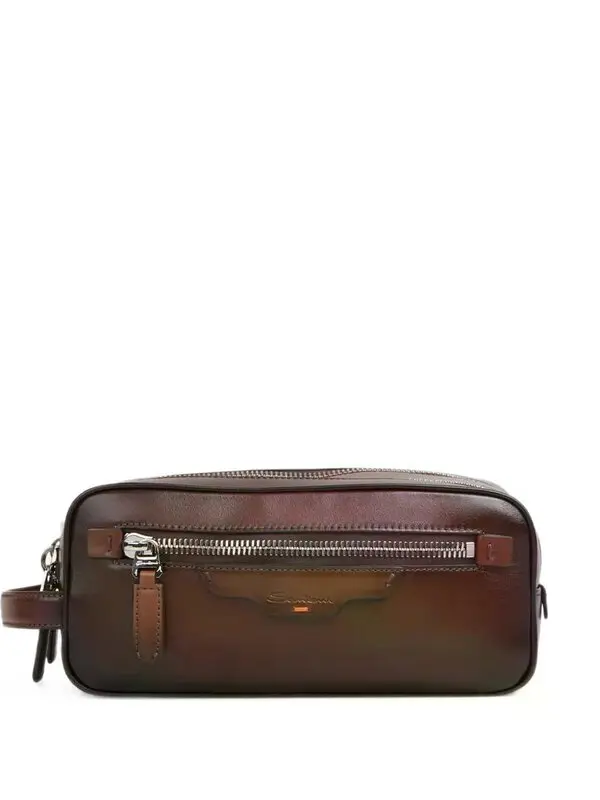 Santoni Grained Leather Toiletry Bag - Brown