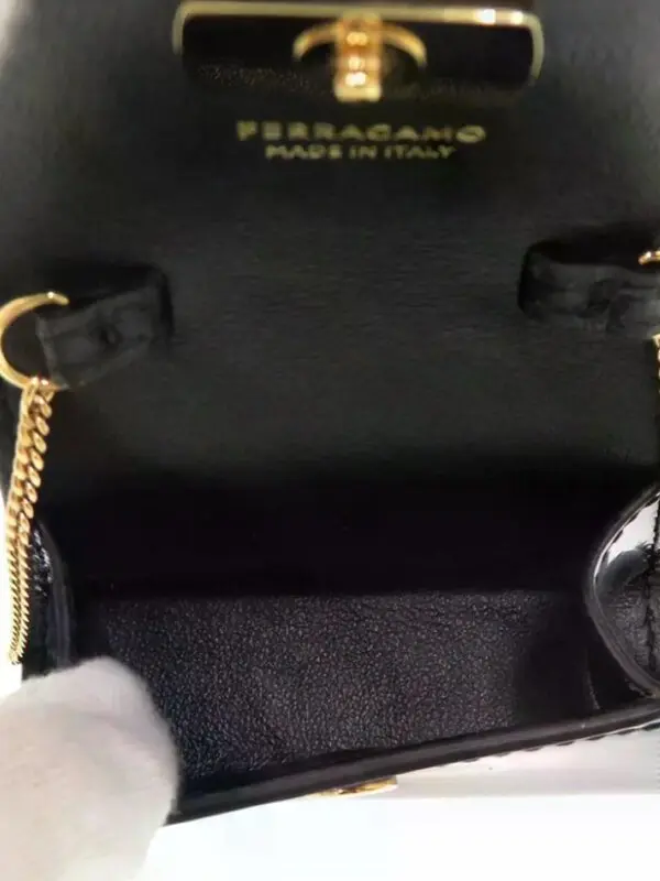 FERRAGAMO 2010-2026 Smooth Calfskin Gancini Top Handle Airpods Case With Chain Crossbody Bag - Black