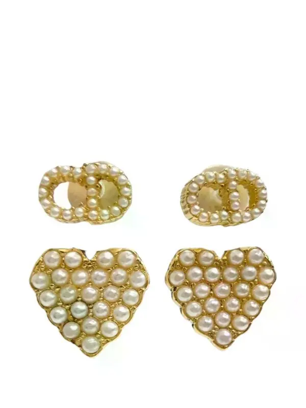 Dior 20th Century Plated Faux Pearl Cd Logo Heart Drop Bullet Back Earrings Costume Earrings - Gold