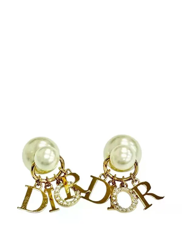 Dior 2010-2026 Gold Plated Faux Pearl And Strass Logo Drop Tribales Push Back Earrings Costume Earrings - White