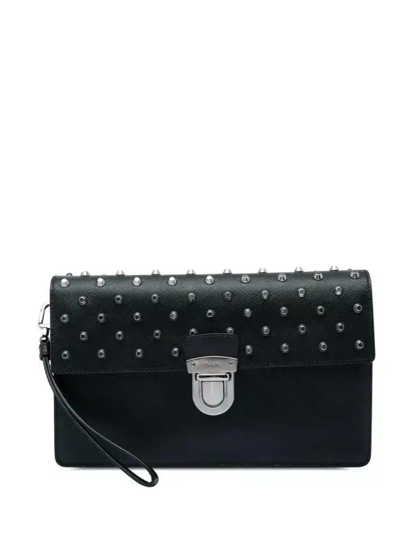 Prada 2000-2013 Studded Saffiano Push Lock Wristlet Clutch Bag - Black