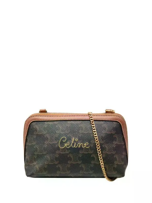 Celine 2020 Triomphe Coated Canvas Embroidered Logo Clutch On Chain Crossbody Bag - Brown
