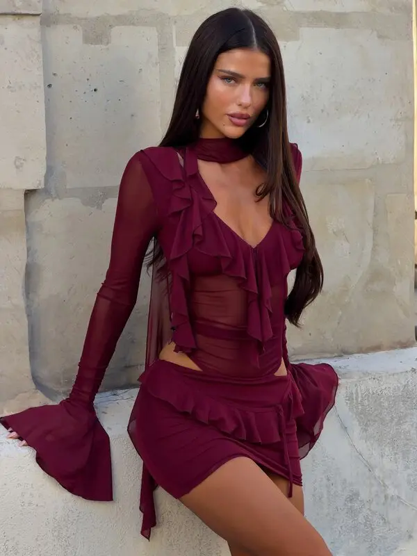 OUTCAST Avaline Mini Dress Burgundy - Red