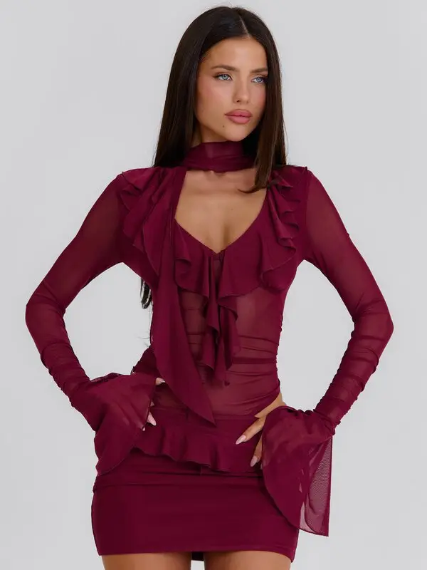 OUTCAST Avaline Mini Dress Burgundy - Red
