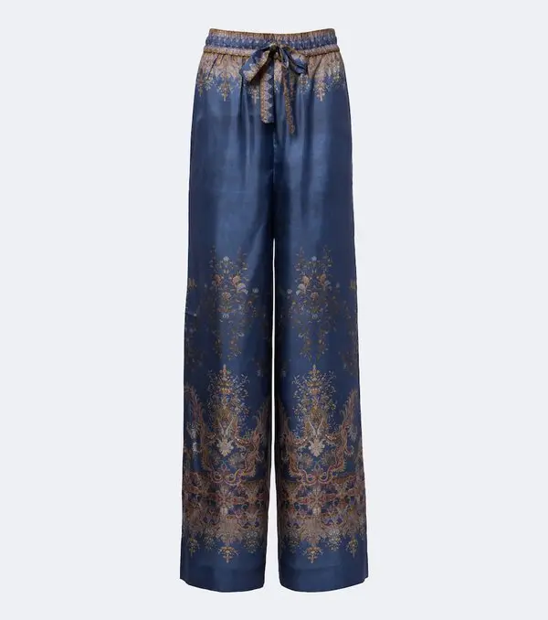 Zimmermann Valiant Printed Silk Satin Wide-leg Pants - Blue