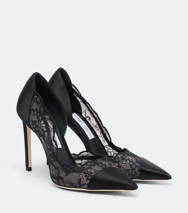 JIMMY CHOO Brigitte Lace-trimmed Satin Pumps - Black