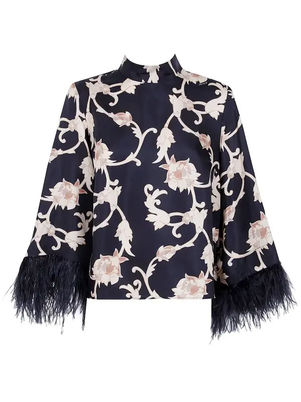 La DoubleJ Silk Floral Feather Detailed Top