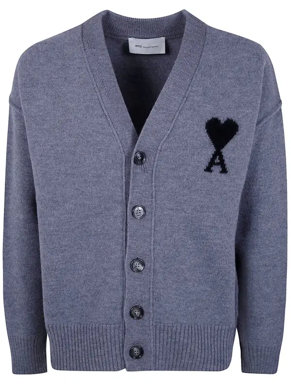 AMI Paris Sweater V Neck "quota De Coeur - Gray