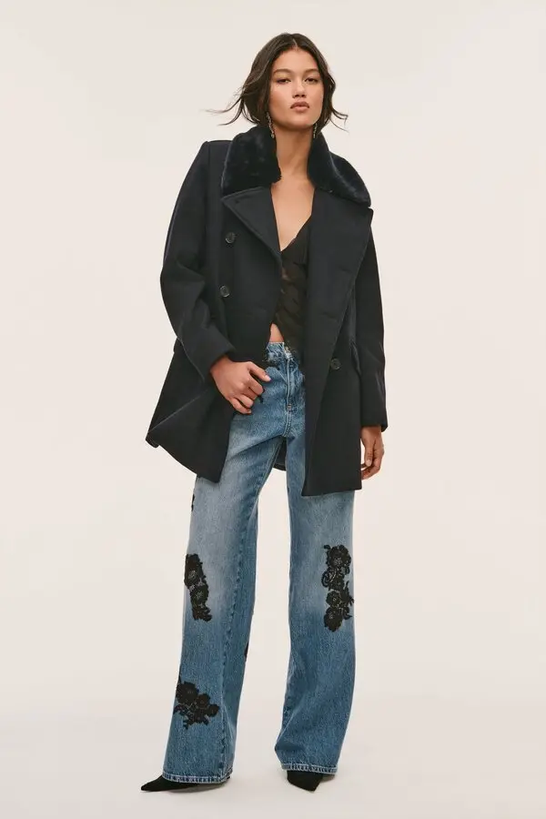 LoveShackFancy Verdine Faux Fur Collar Peacoat