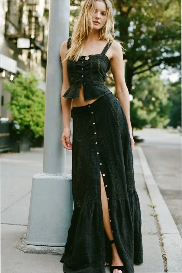 LoveShackFancy Araminta Cotton Maxi Skirt - Black