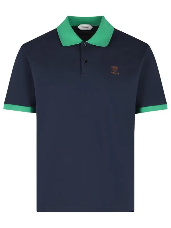 Versace Dark Navy Cotton Polo Shirt - Blue
