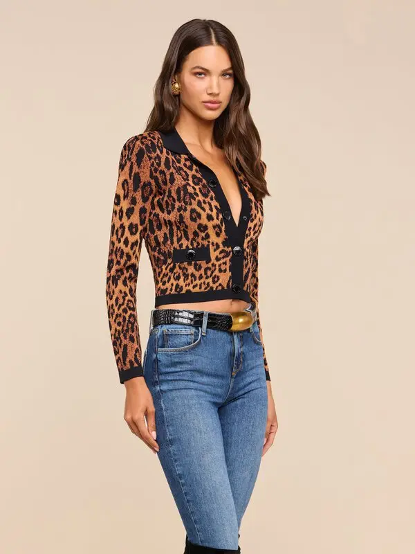 L'Agence Osiris Jacquard Cardigan - Tan Multi Javan Leopard
