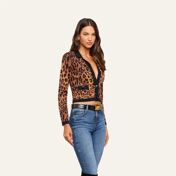 L'Agence Osiris Jacquard Cardigan - Tan Multi Javan Leopard