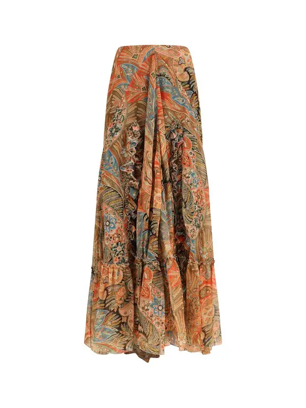 Etro Silk Long Skirt With Flounce And Paisley Motif - Multicolor
