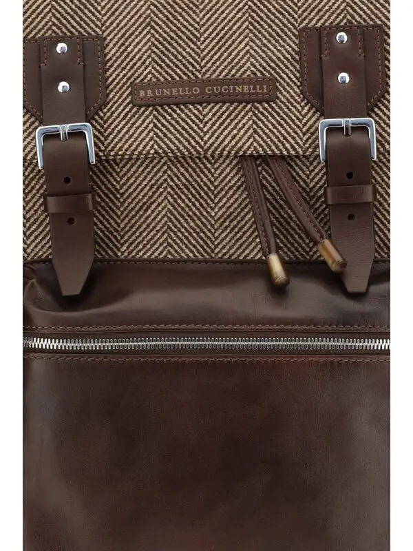 Brunello Cucinelli Herringbone Pattern Backpack With Leather Details